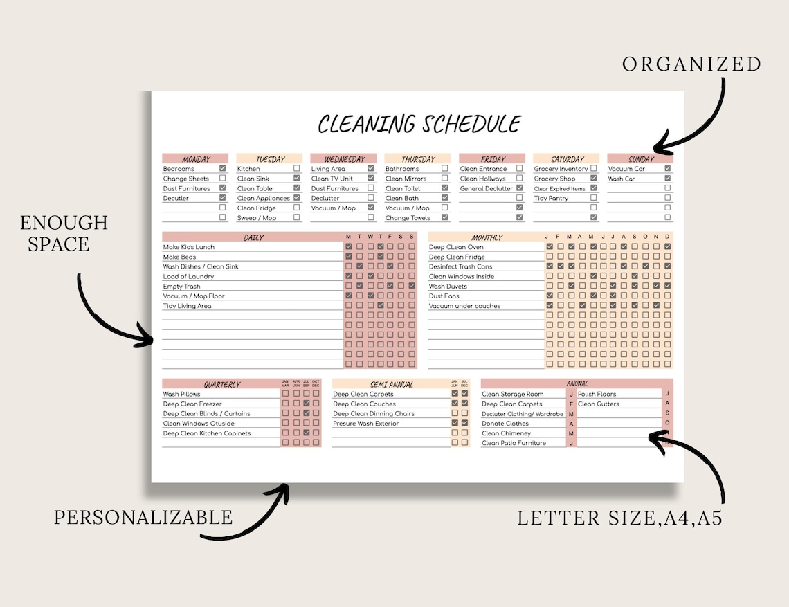 Editable Cleaning Calendar / Printable / Weekly, Monthly, Yearly ...