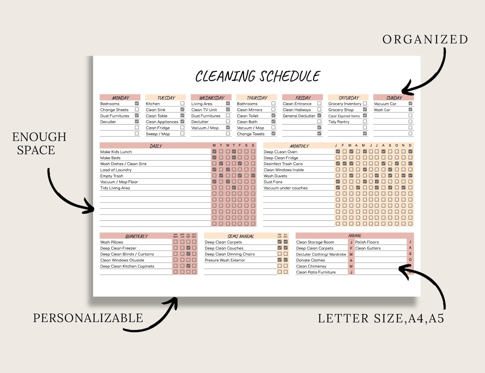 Editable Cleaning Calendar / Printable / Weekly, Monthly, Yearly ...