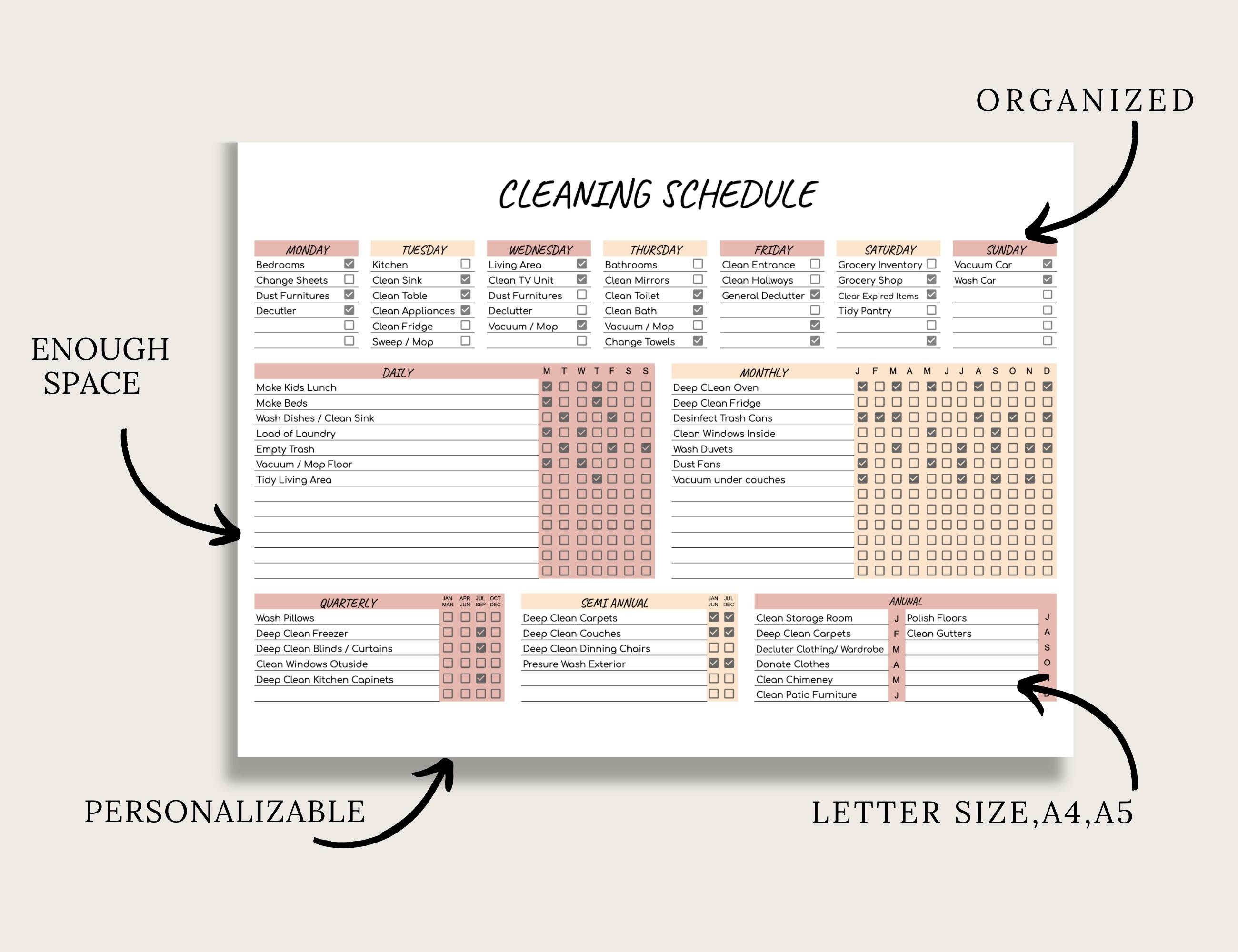 Editable Cleaning Calendar / Printable / Weekly, Monthly, Yearly ...