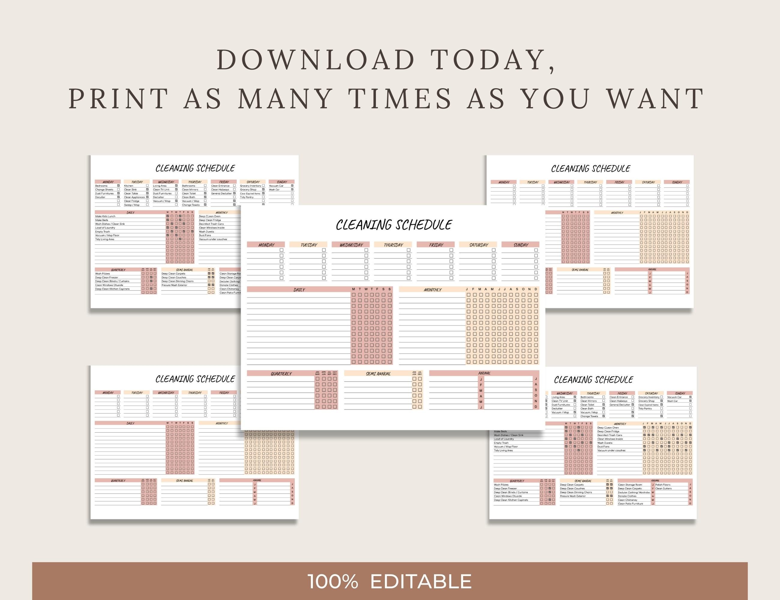 Editable Cleaning Calendar / Printable / Weekly, Monthly, Yearly ...