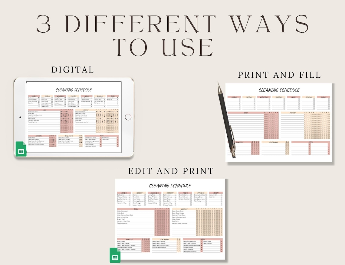 Editable Cleaning Calendar / Printable / Weekly, Monthly, Yearly ...