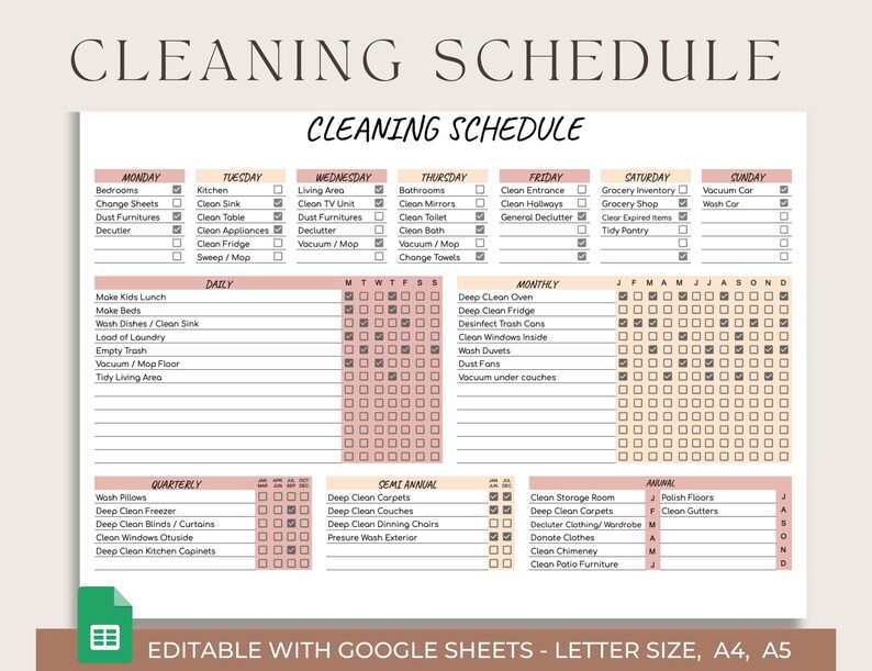 Editable Cleaning Calendar / Printable / Weekly, Monthly, Yearly ...