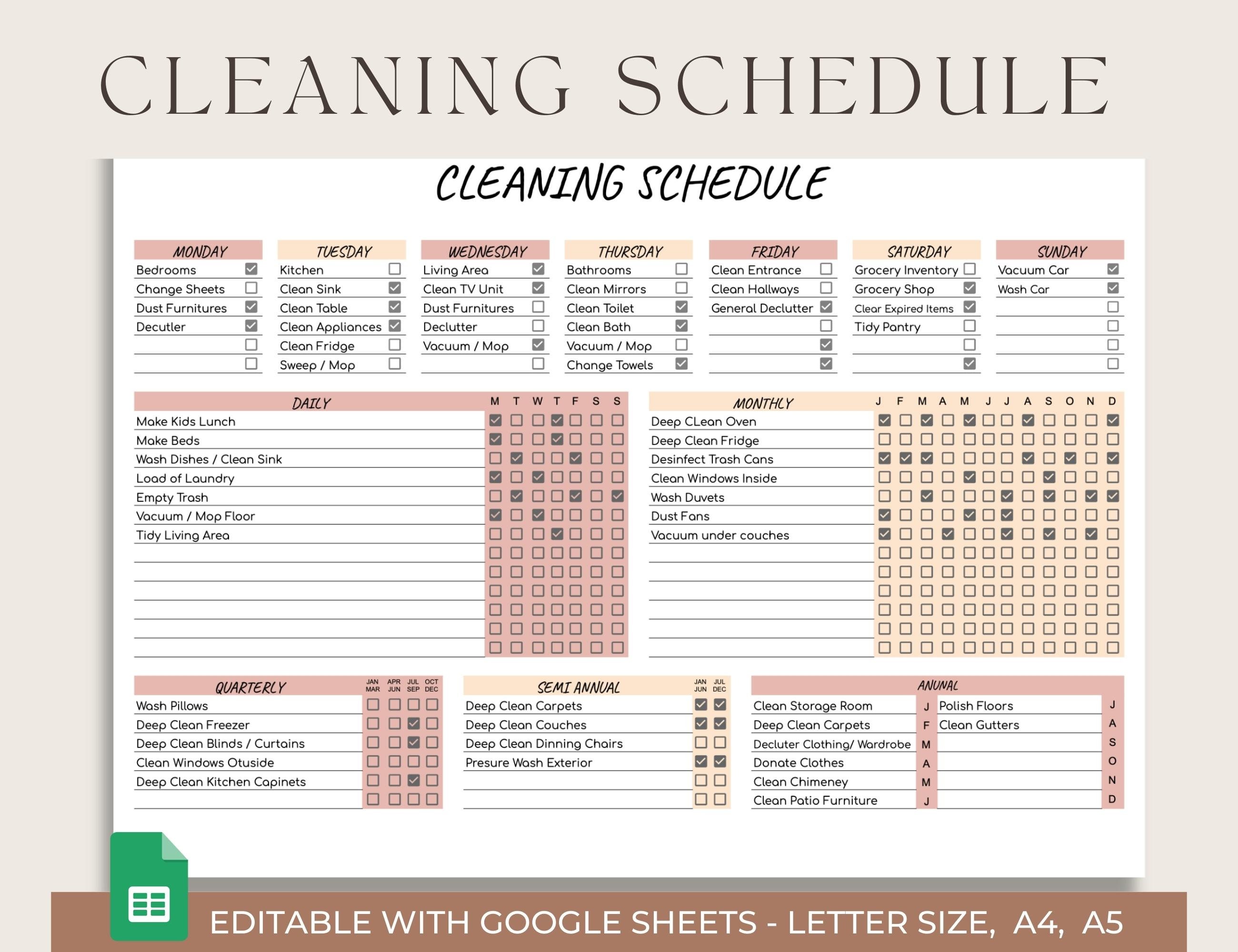 Editable Cleaning Calendar / Printable / Weekly, Monthly, Yearly ...