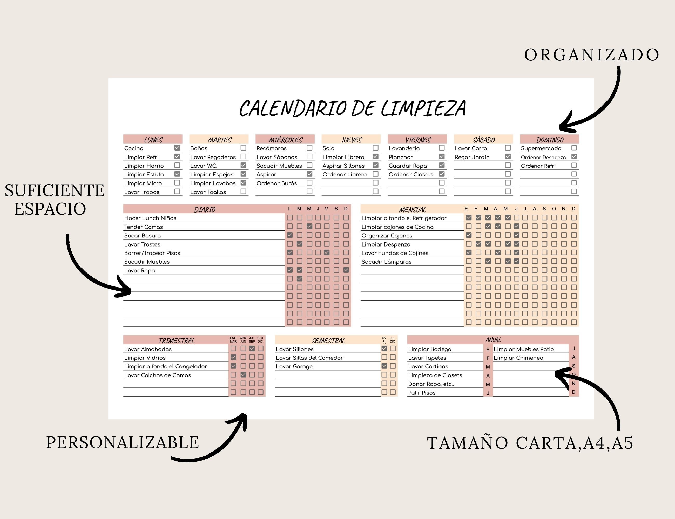 Calendario de Limpieza Editable / Imprimible/ Semanal, Mensual, Anual ...
