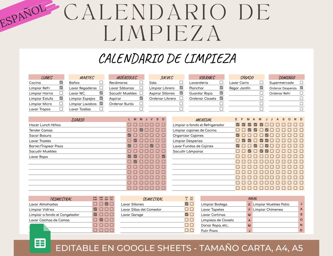 Calendario de Limpieza Editable / Imprimible/ Semanal, Mensual, Anual ...