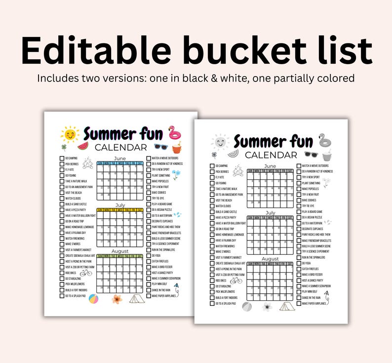 Editable Summer Calendar | Summer Bucket List | Summer Schedule ...