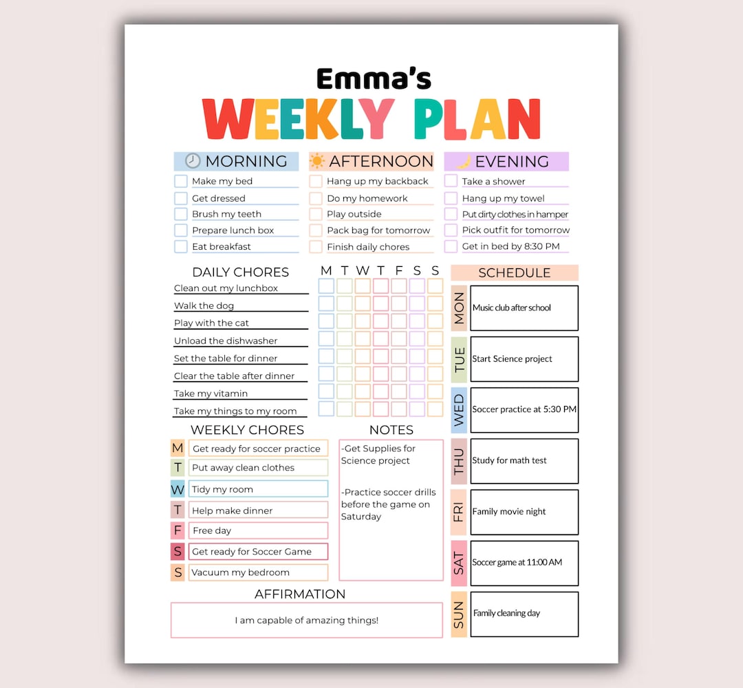 Kids Chore Planner | Responsibility Chore Chart for Kids | Kid Chore ...