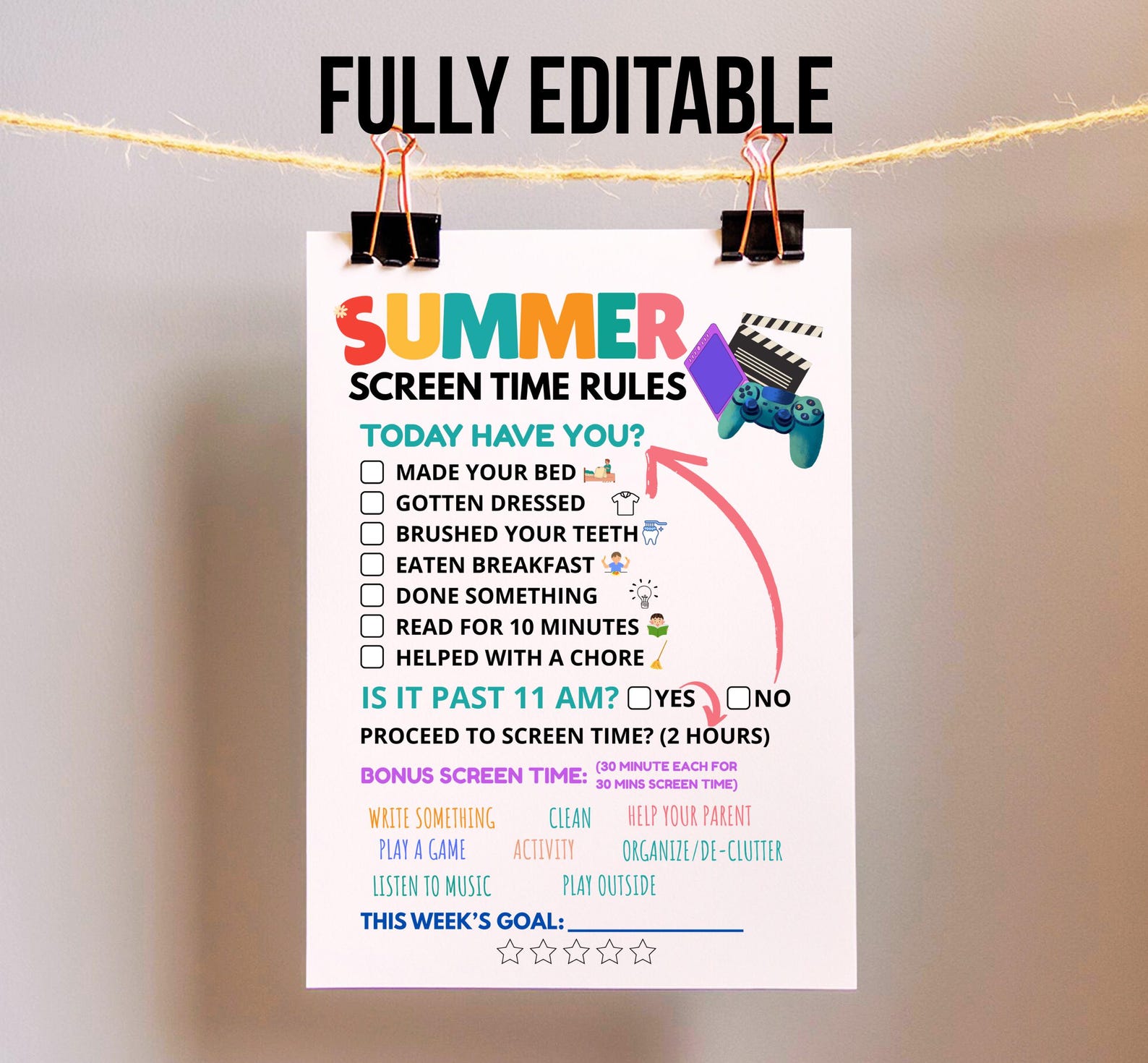 Summer Screen Time Rules Printable | Children Summer Routine | Kids ...