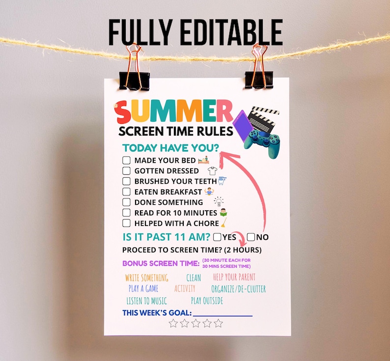 Summer Screen Time Rules Printable | Children Summer Routine | Kids ...