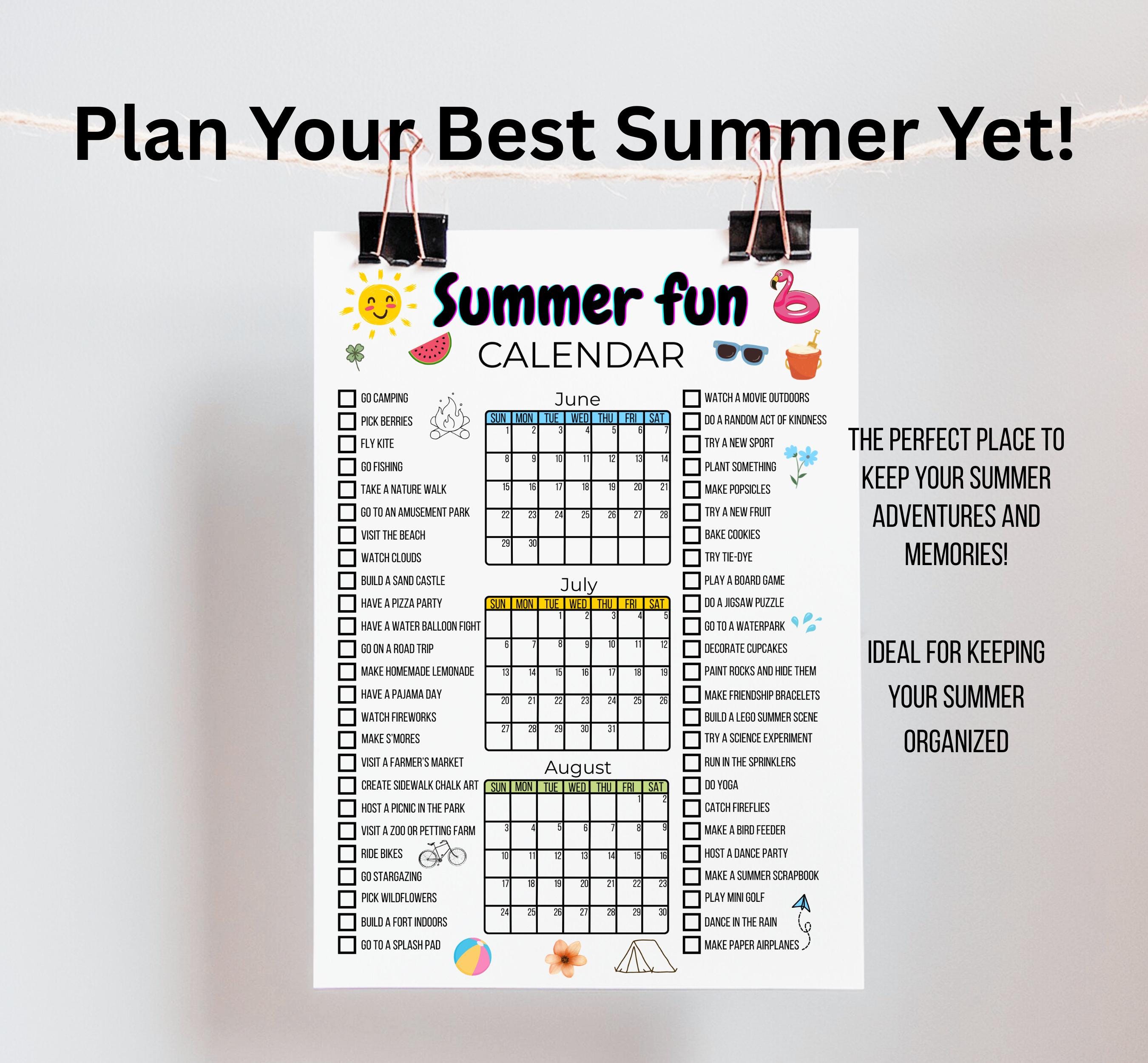 Editable Summer Calendar | Summer Bucket List | Summer Schedule ...