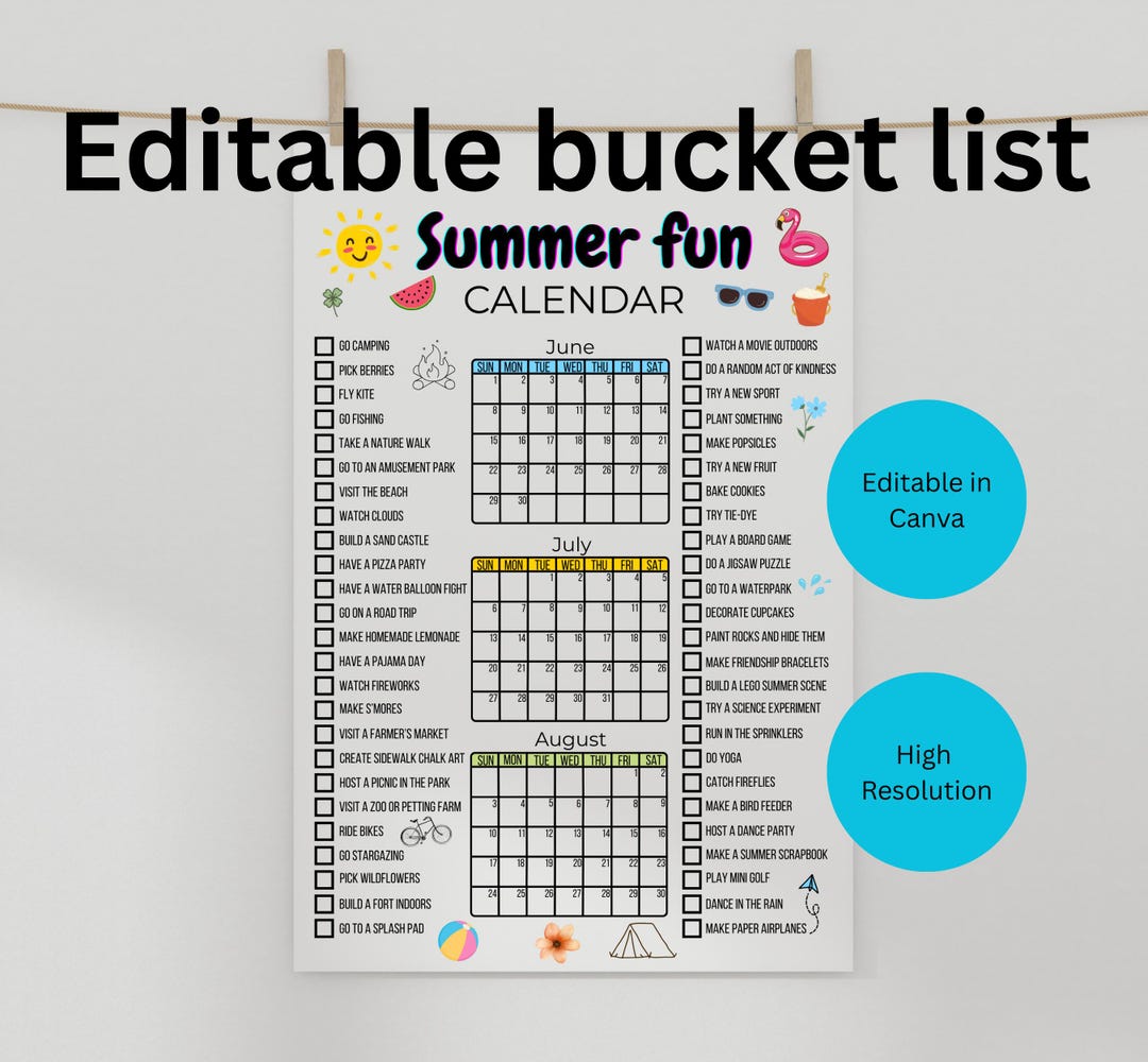 Editable Summer Calendar | Summer Bucket List | Summer Schedule ...