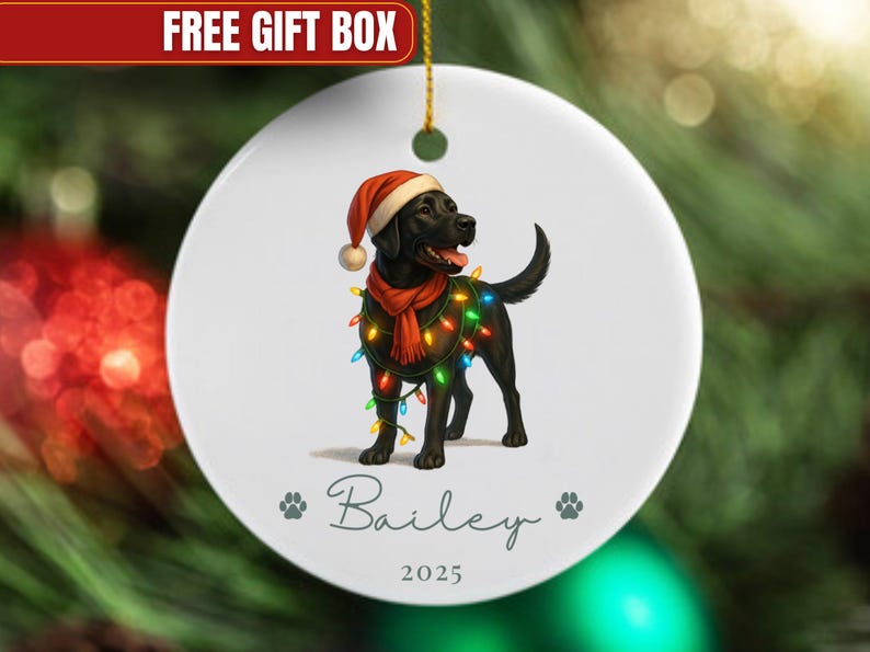 Custom Black Labrador Ornament, Personalized Black Lab Christmas Bauble ...