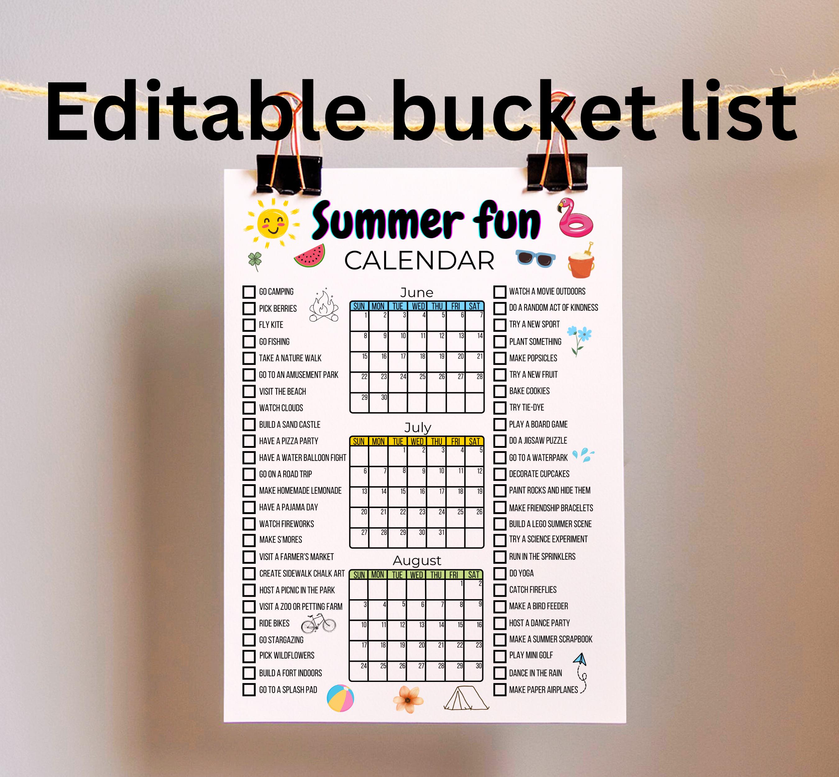 Editable Summer Calendar | Summer Bucket List | Summer Schedule ...