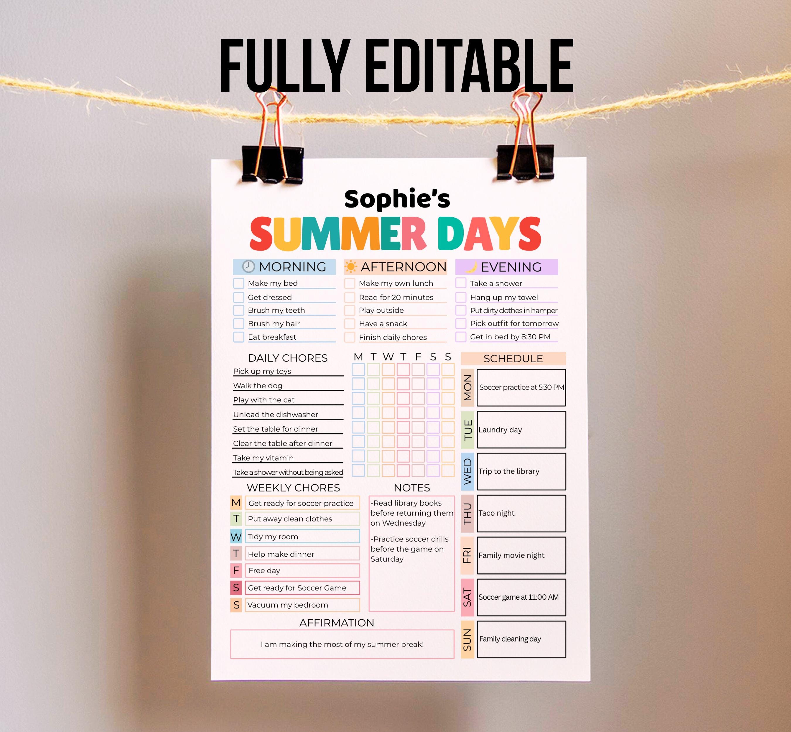 Summer Planner Kids Summer Printable Summer | Children Summer Routine ...