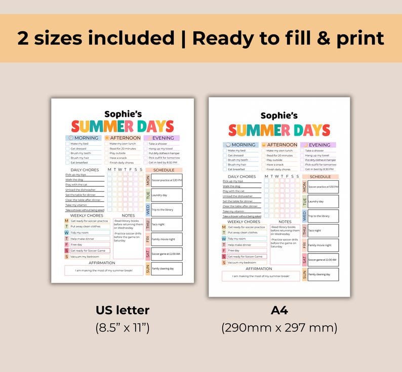 Summer Planner Kids Summer Printable Summer | Children Summer Routine ...