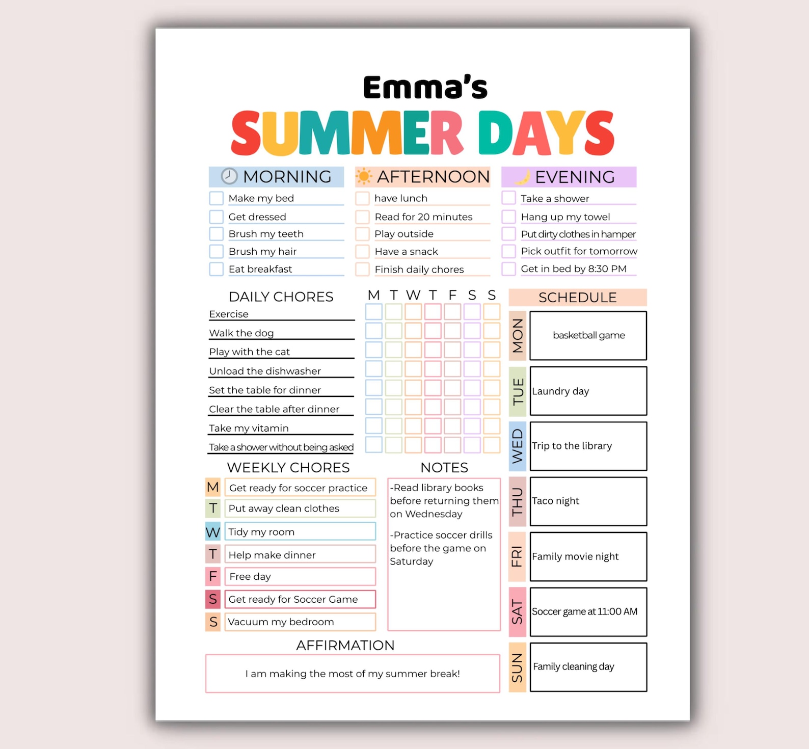 Summer Planner Kids Summer Printable Summer | Children Summer Routine ...