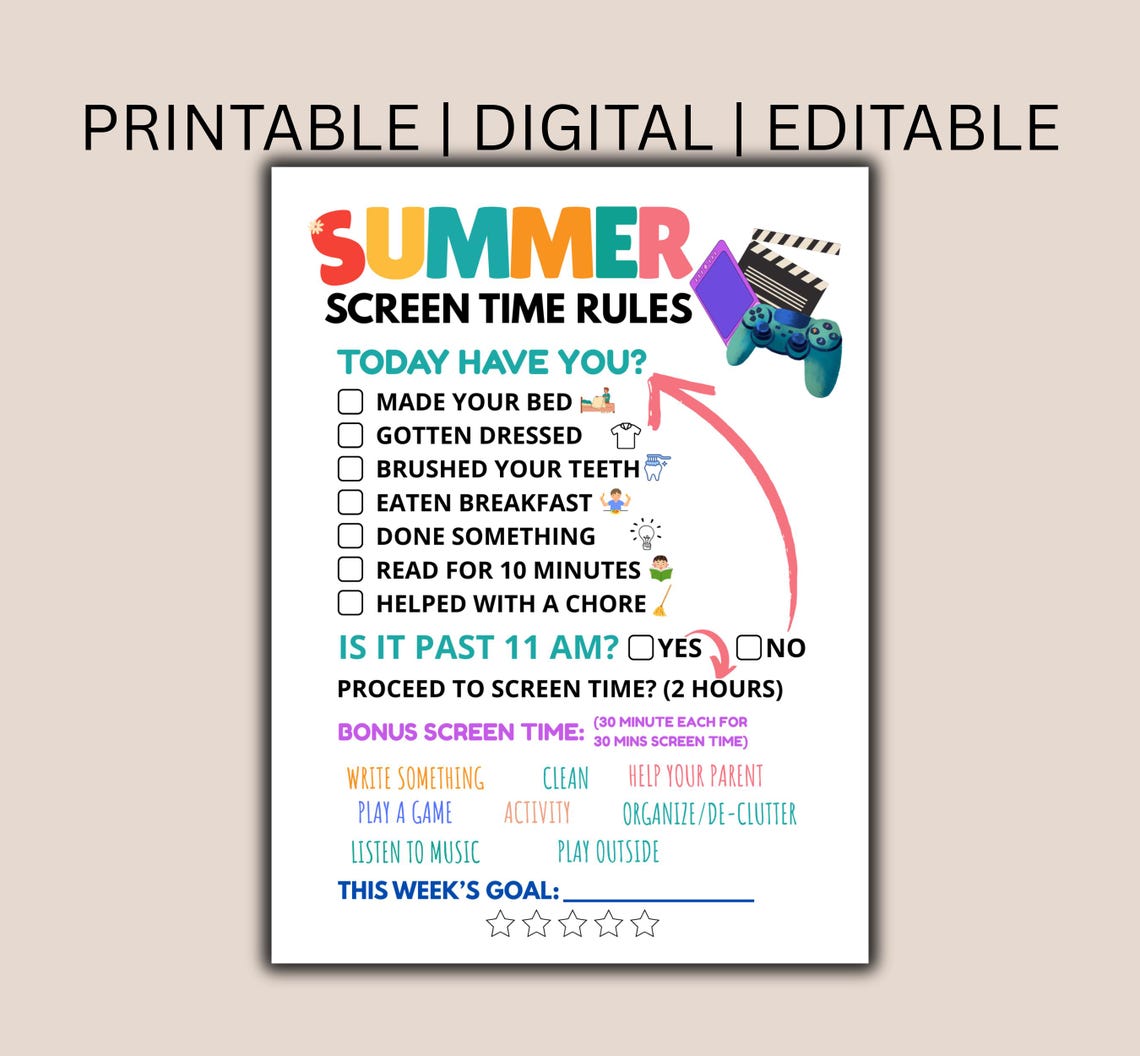 Summer Screen Time Rules Printable | Children Summer Routine | Kids ...