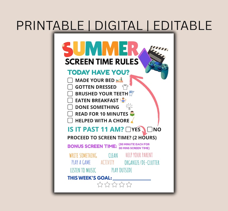 Summer Screen Time Rules Printable | Children Summer Routine | Kids ...