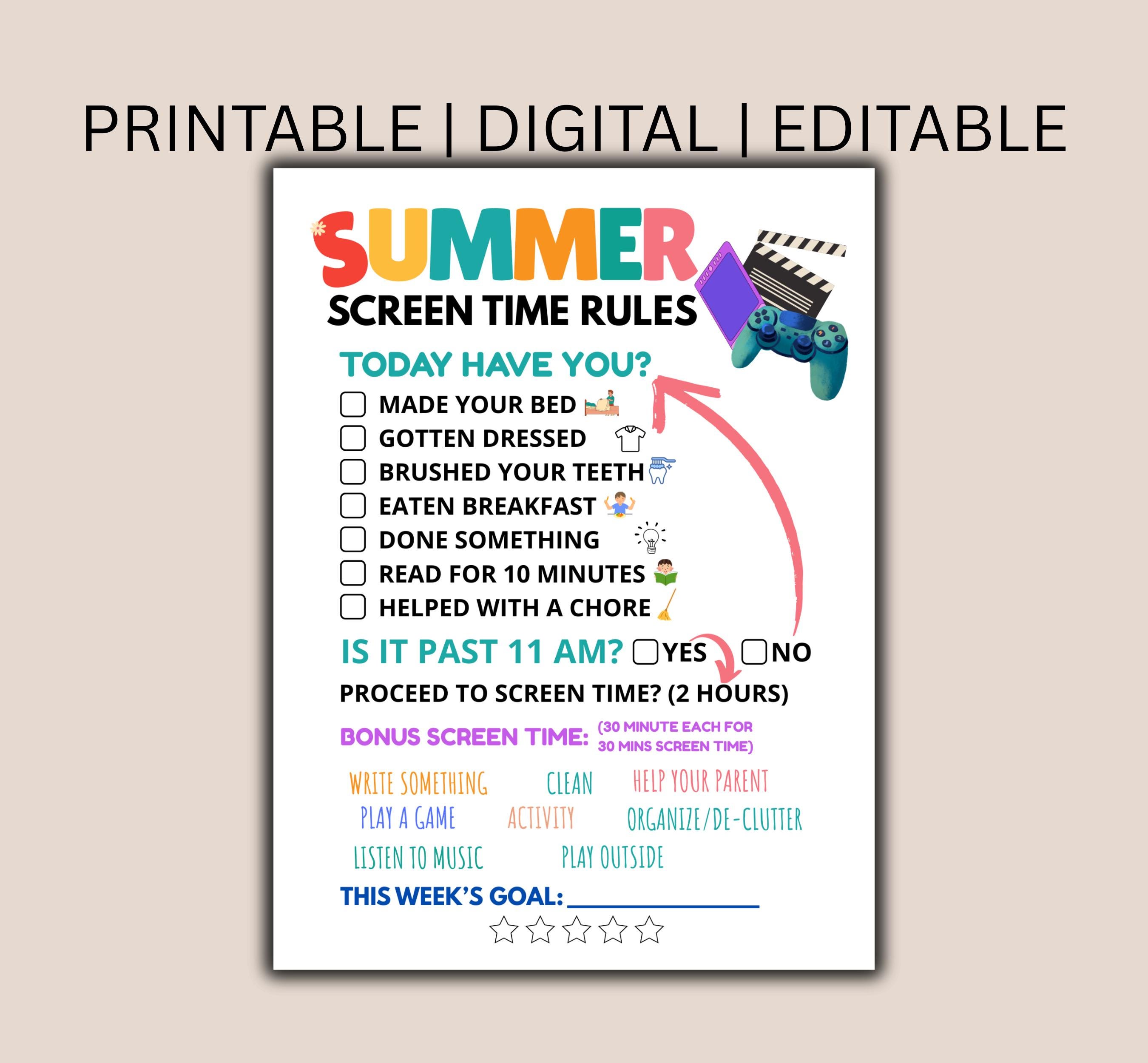 Summer Screen Time Rules Printable | Children Summer Routine | Kids ...