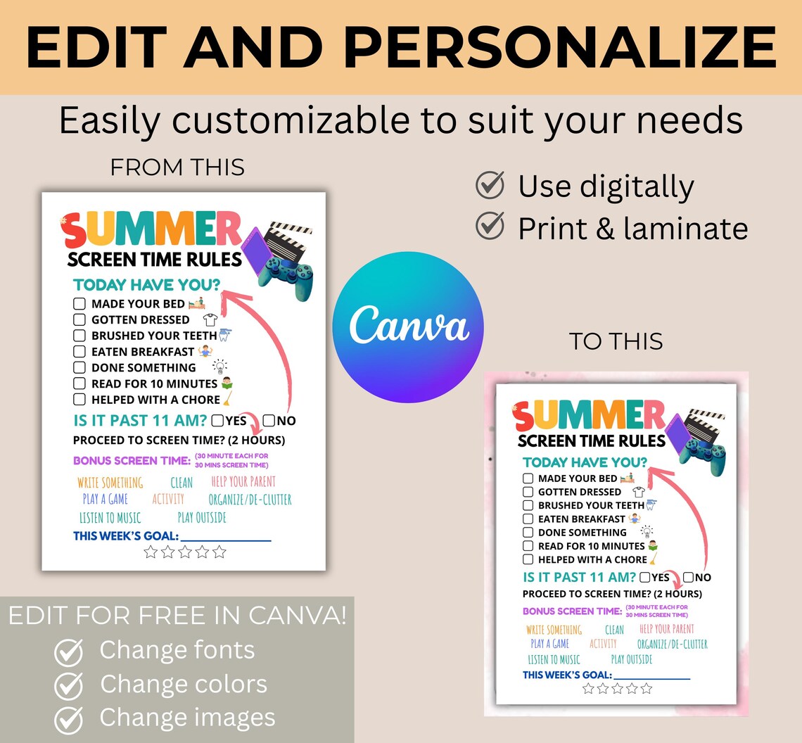 Summer Screen Time Rules Printable | Children Summer Routine | Kids ...