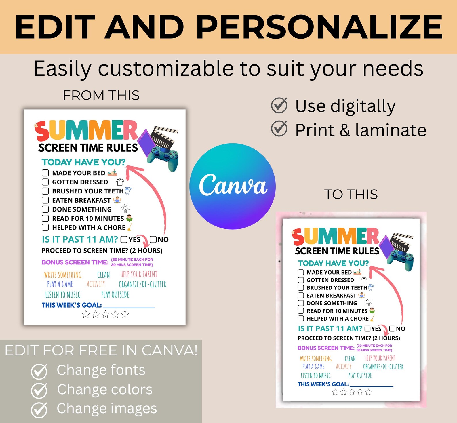 Summer Screen Time Rules Printable | Children Summer Routine | Kids ...