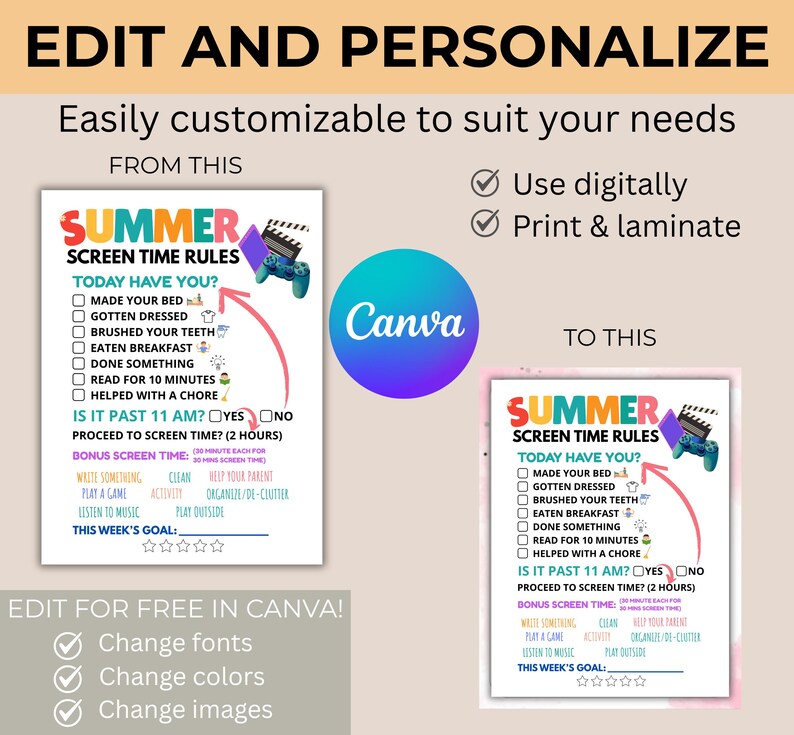 Summer Screen Time Rules Printable | Children Summer Routine | Kids ...