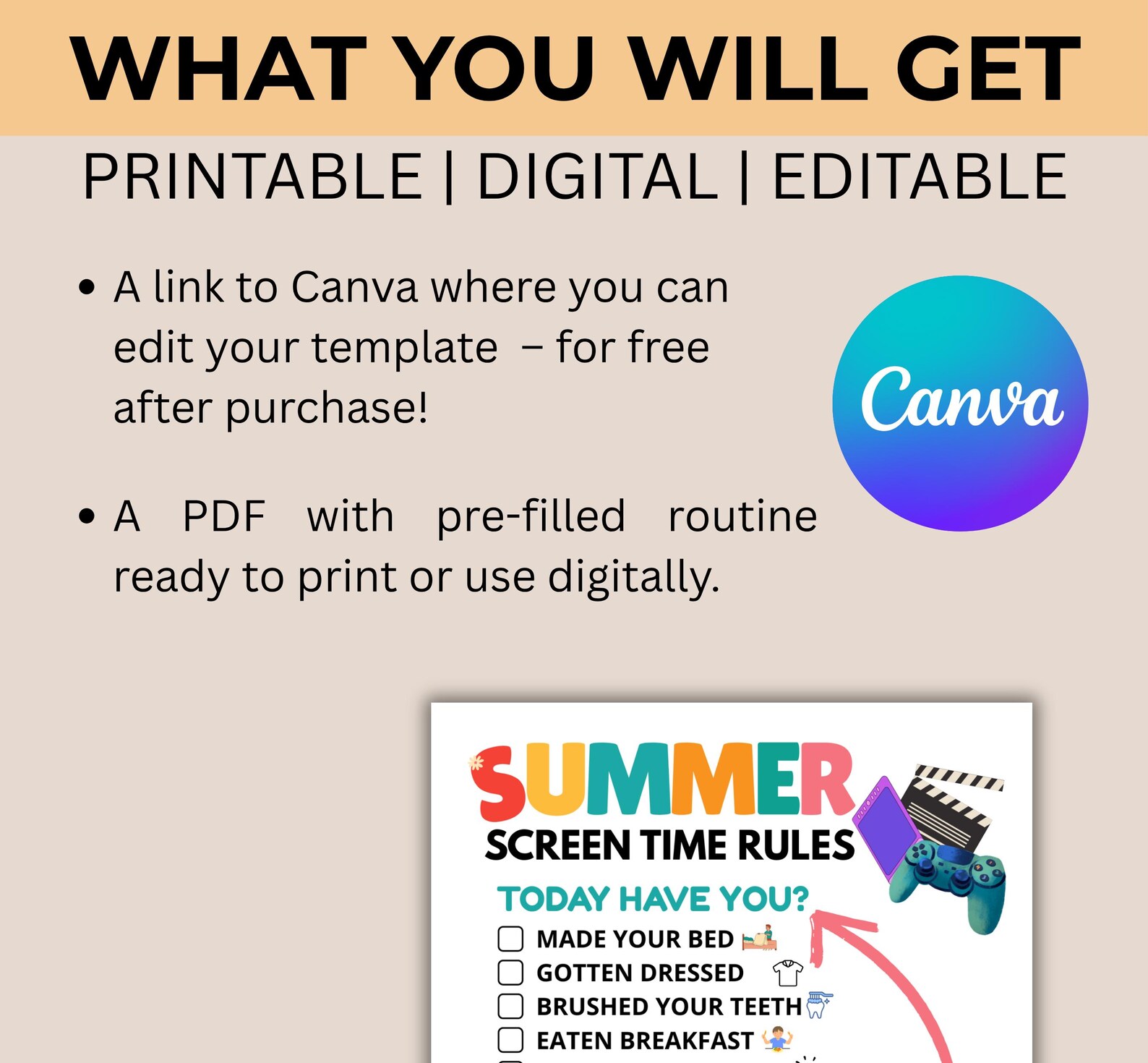 Summer Screen Time Rules Printable | Children Summer Routine | Kids ...