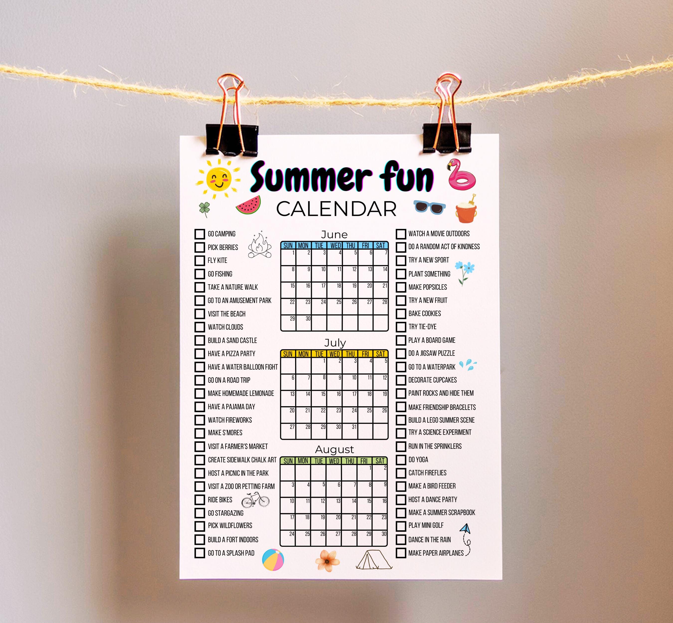 Editable Summer Calendar | Summer Bucket List | Summer Schedule ...