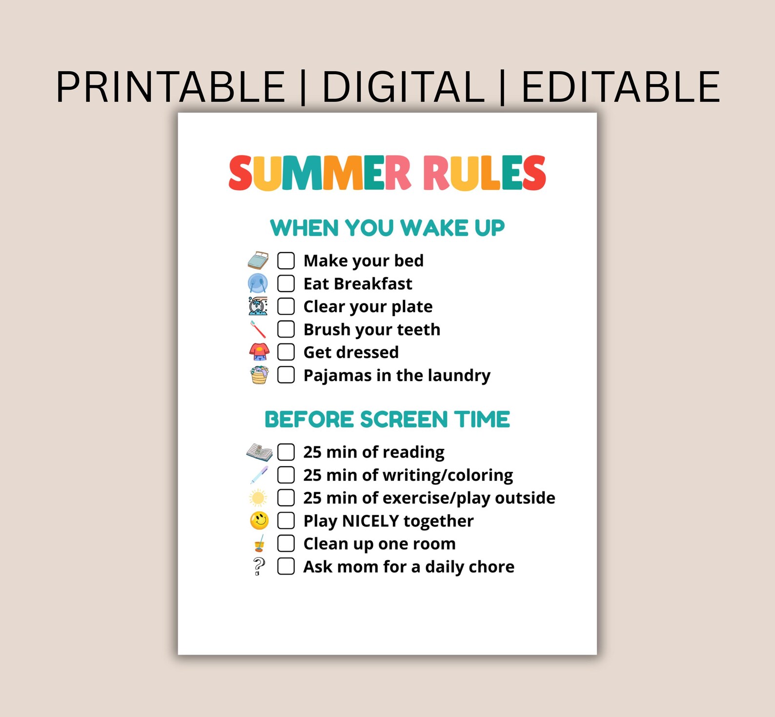 Summer Chore Chart | Editable | Printable Chore Chart for Kids | Summer ...