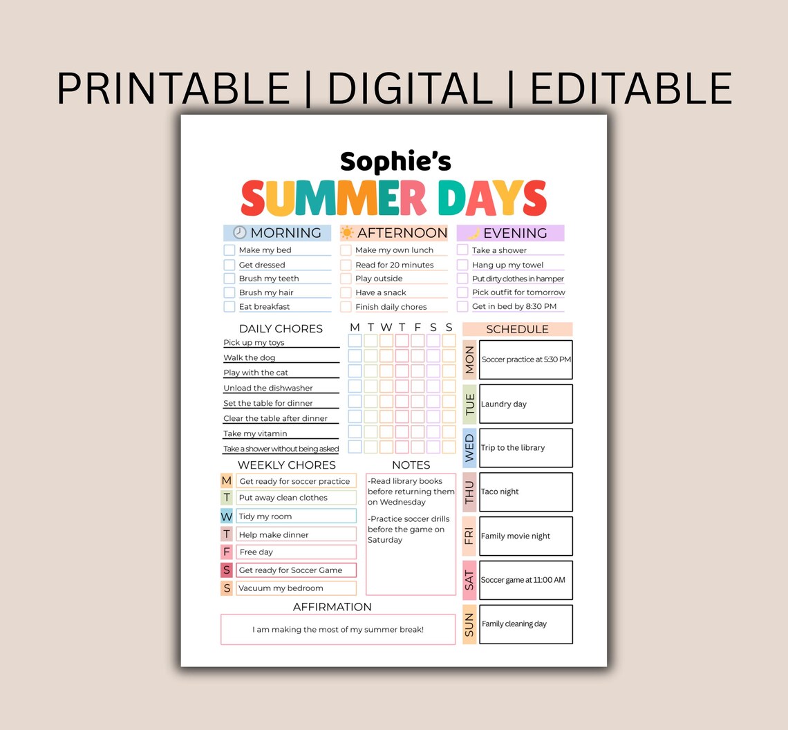 Summer Planner Kids Summer Printable Summer | Children Summer Routine ...