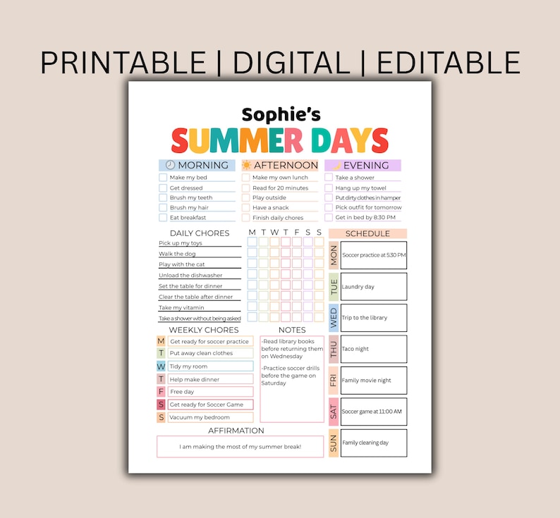 Summer Planner Kids Summer Printable Summer | Children Summer Routine ...