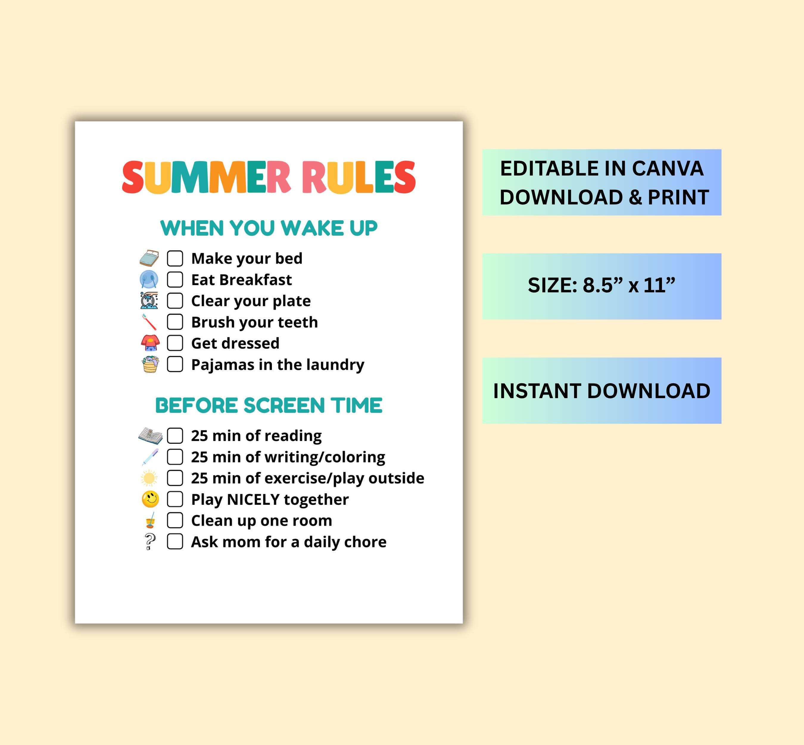 Summer Chore Chart | Editable | Printable Chore Chart for Kids | Summer ...