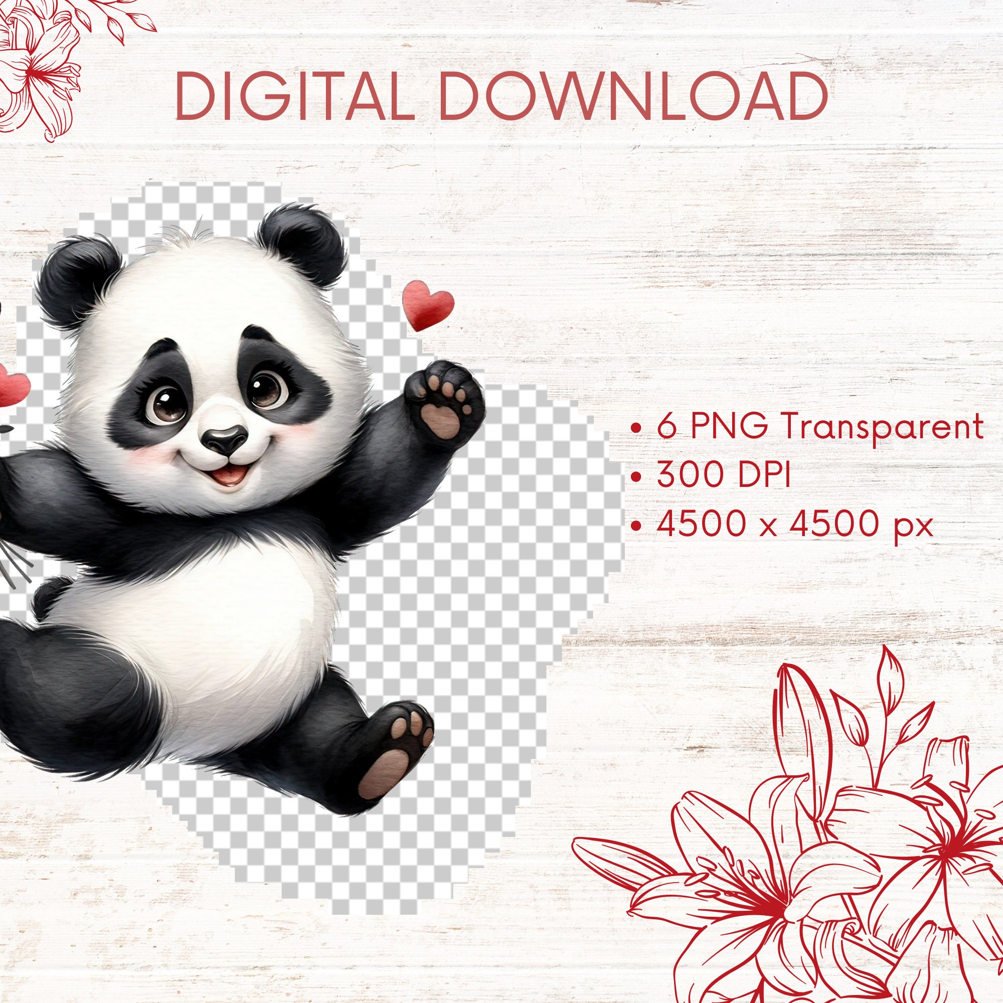 Watercolor Valentines Cute Panda Clipart PNG Bundle, Animals Clipart ...