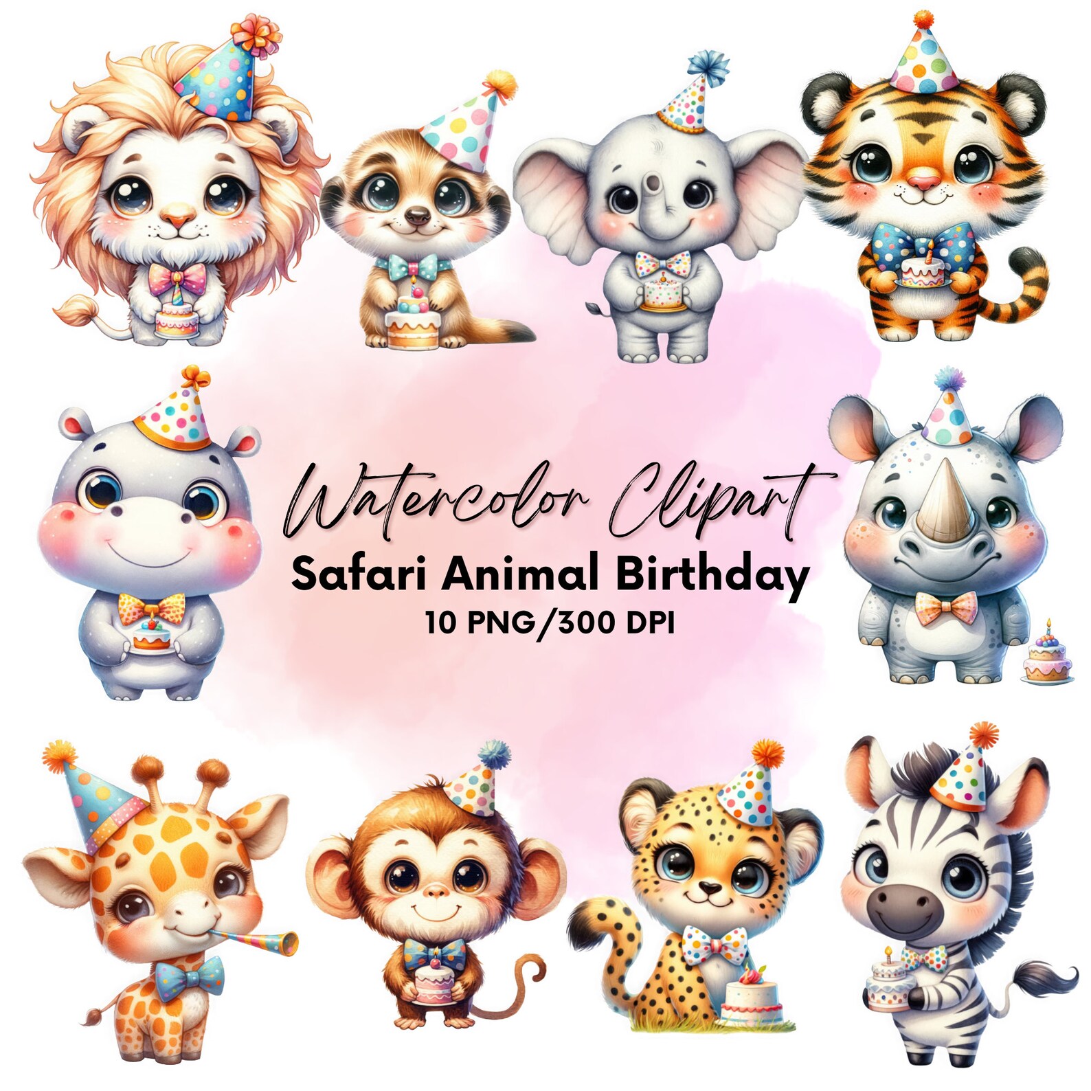 Safari Animal Birthday Party Clipart Bundle PNG, Cute Safari Animals ...