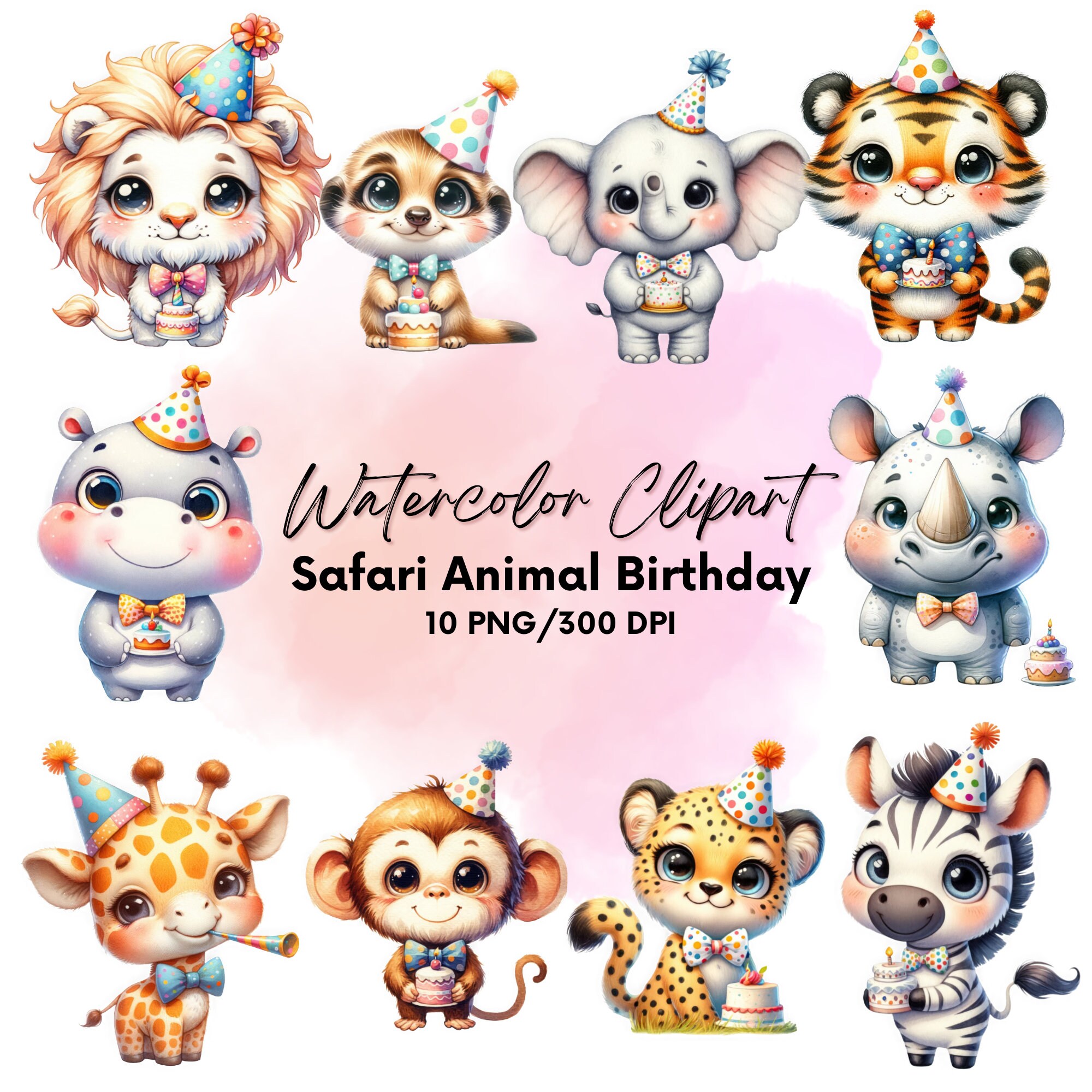 Safari Animal Birthday Party Clipart Bundle PNG, Cute Safari Animals ...