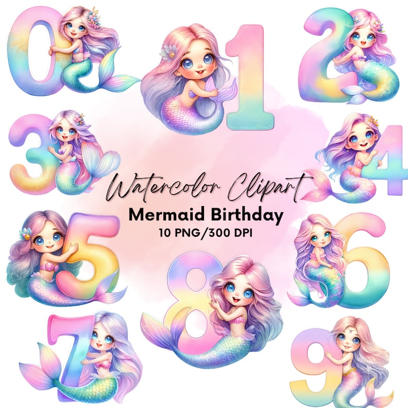 Watercolor Mermaid Birthday Clipart: Alphabet & Numbers (PNG Digital ...
