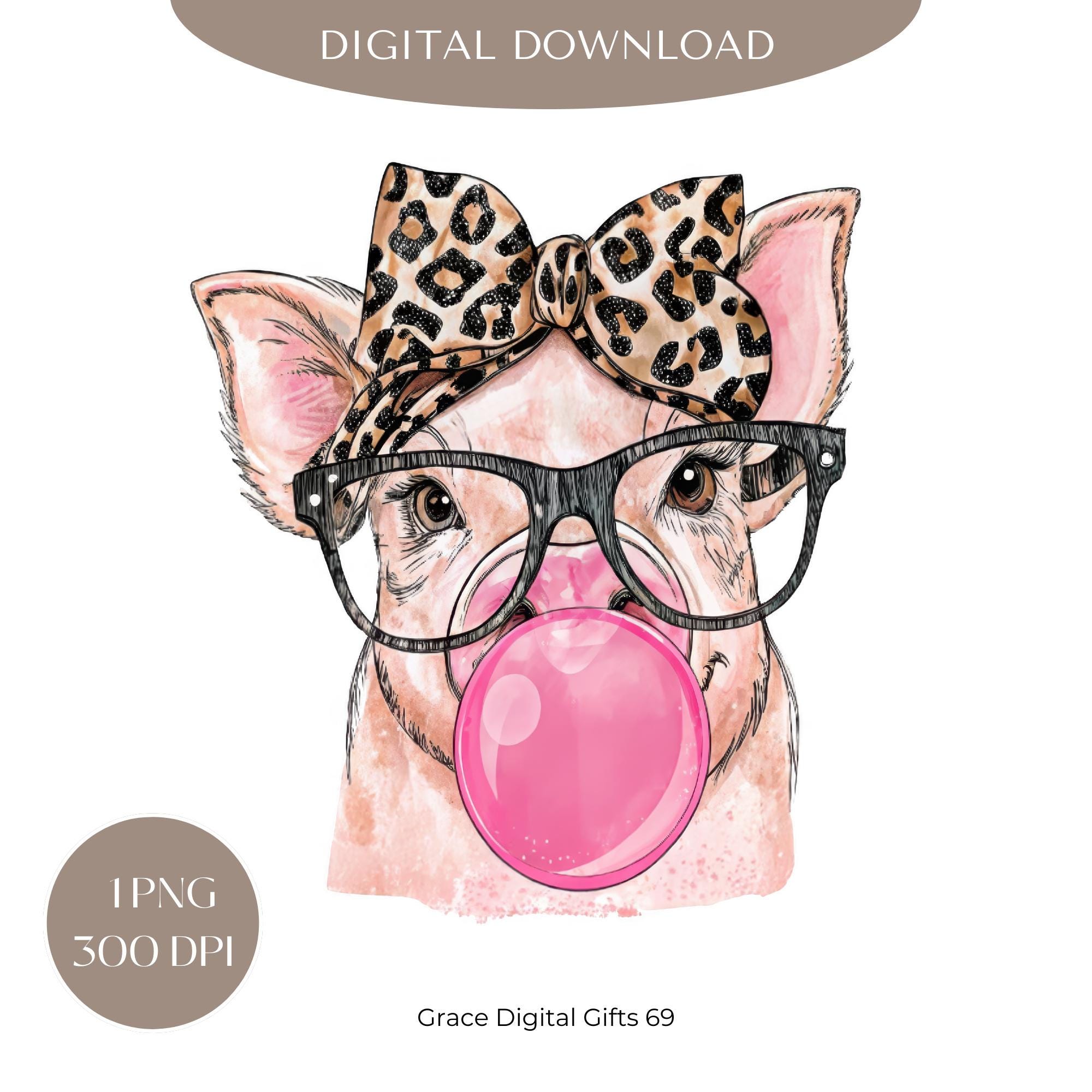 Watercolor Pig With Leopard Bandana & Bubblegum (PNG Digital Download ...