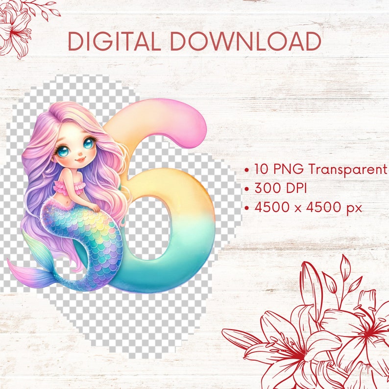Watercolor Mermaid Birthday Clipart: Alphabet & Numbers (PNG Digital ...