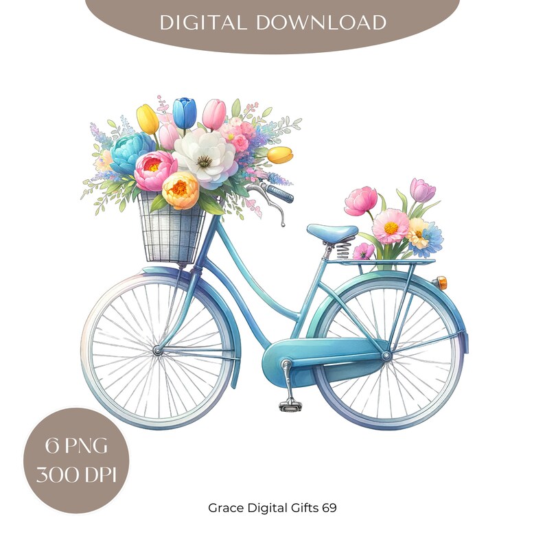 6 PNG Watercolor Bicycles With Flowers Clipart, Spring Flowers, Floral ...