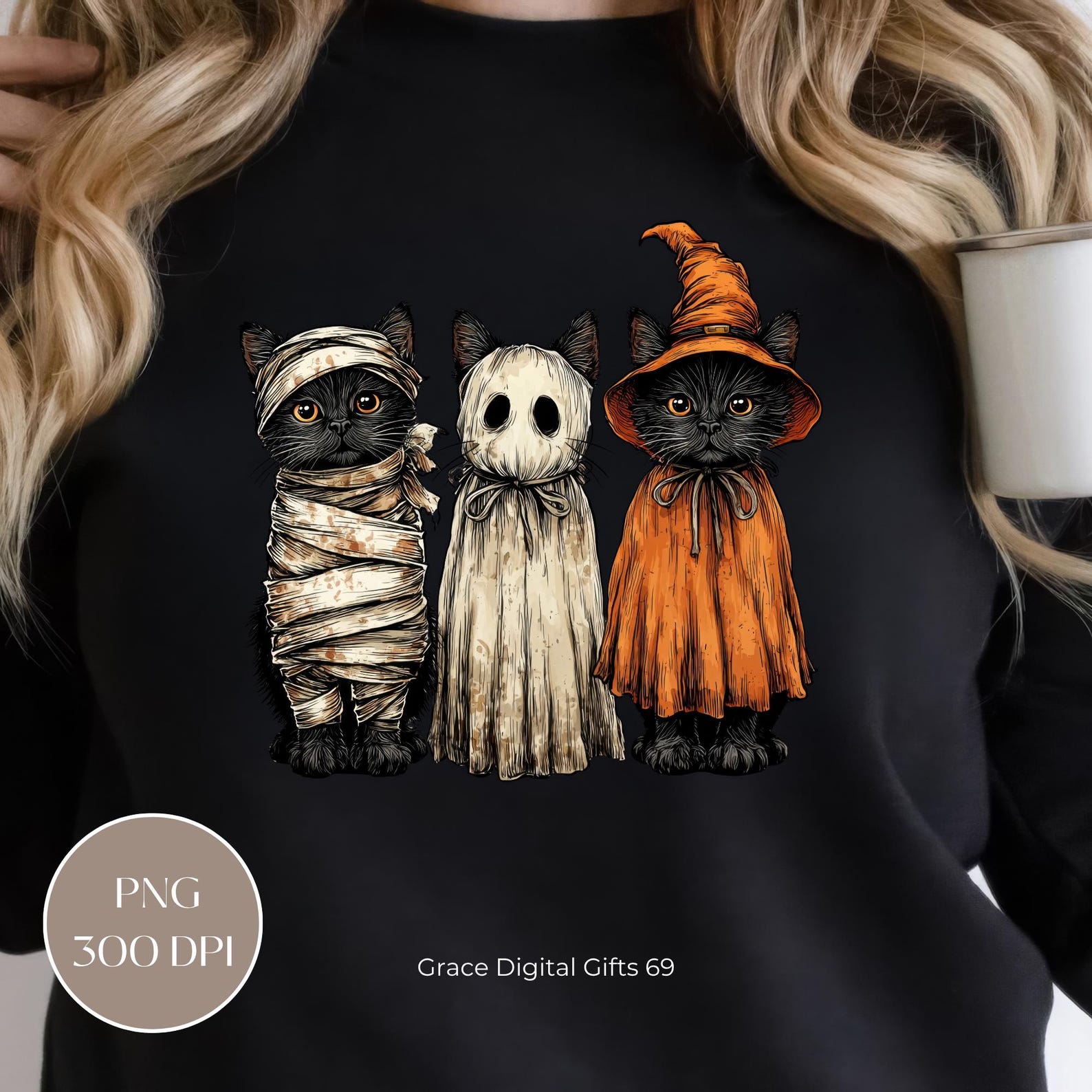 Retro Halloween Black Cat PNG: Spooky Pumpkin Digital Art, Ghost Cat ...