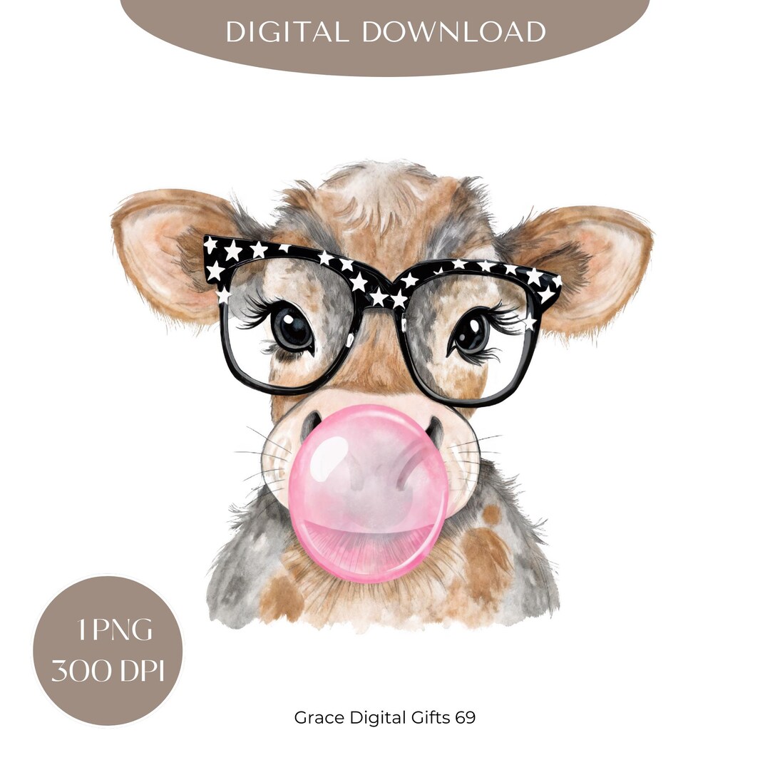 Watercolor Cow With Glasses & Bubblegum PNG, Cow Blowing Bubble Png ...