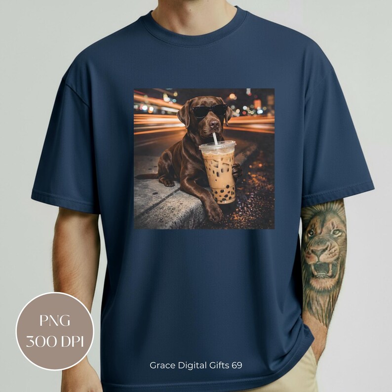 Funny Chocolate Lab Drinking Iced Coffee PNG: Vintage Dog Meme Graphic ...
