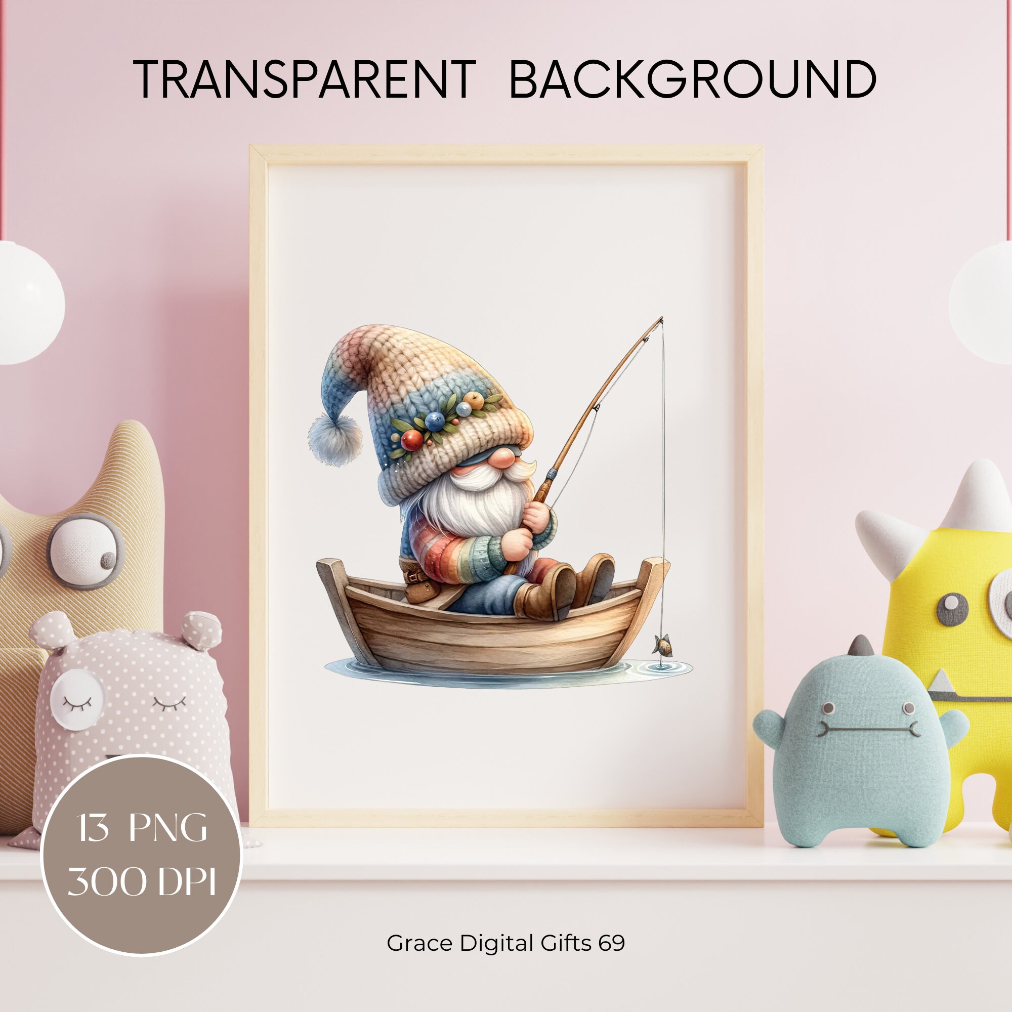 Watercolor Fishing Gnome Clipart: PNG Bundle, Nursery Art (digital ...