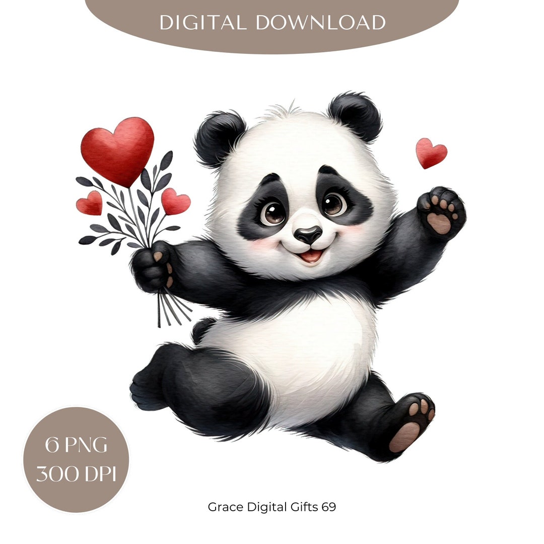Watercolor Valentines Cute Panda Clipart PNG Bundle, Animals Clipart ...