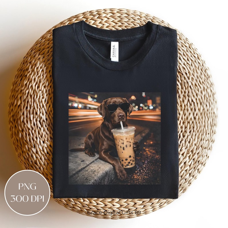 Funny Chocolate Lab Drinking Iced Coffee PNG: Vintage Dog Meme Graphic ...