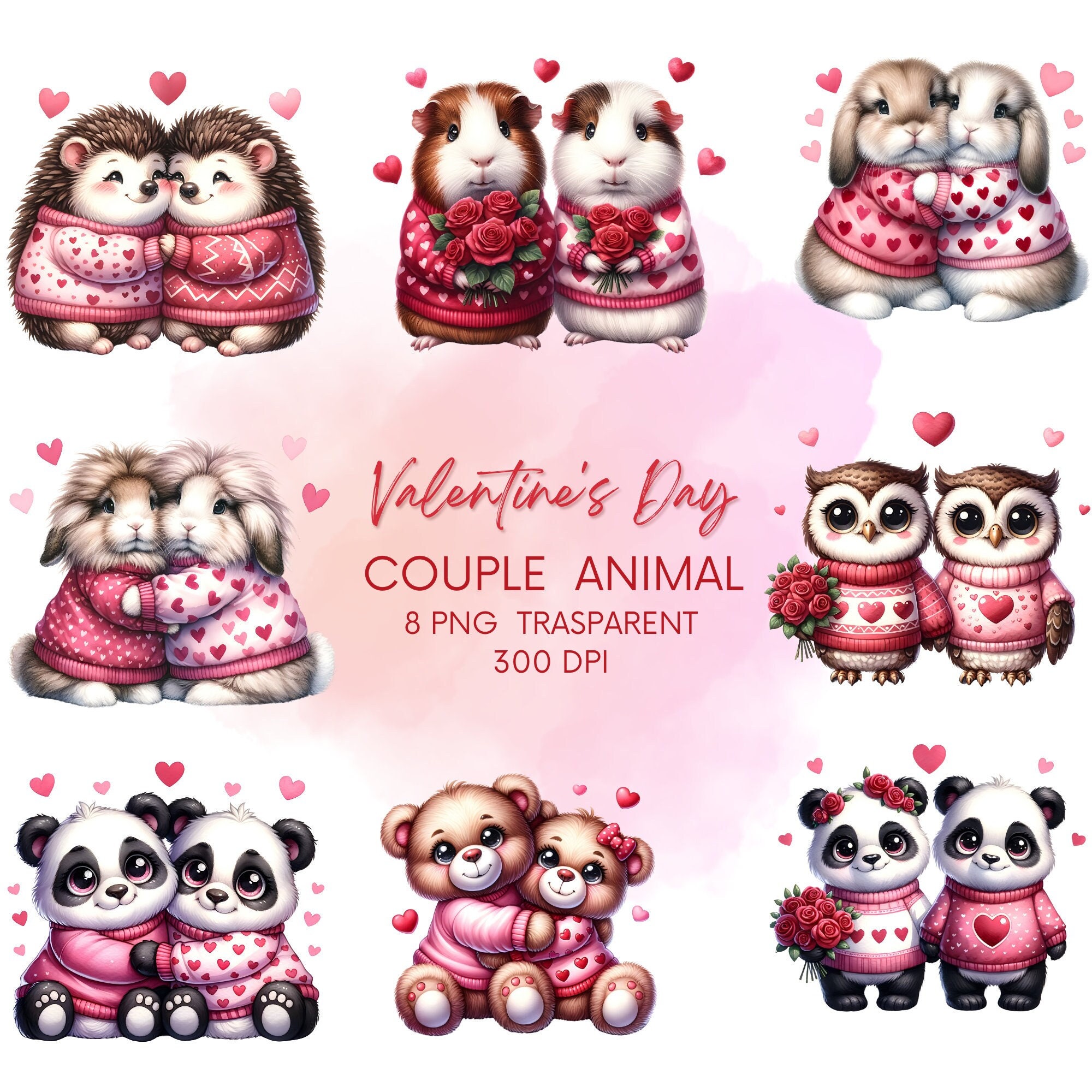 Valentine's Day Animals Clipart PNG Bundle, Valentine's Watercolor ...