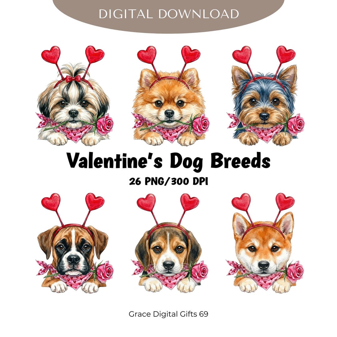 Valentine Dog Breeds PNG Bundle: Cute Dog Valentine, Watercolor Puppy ...