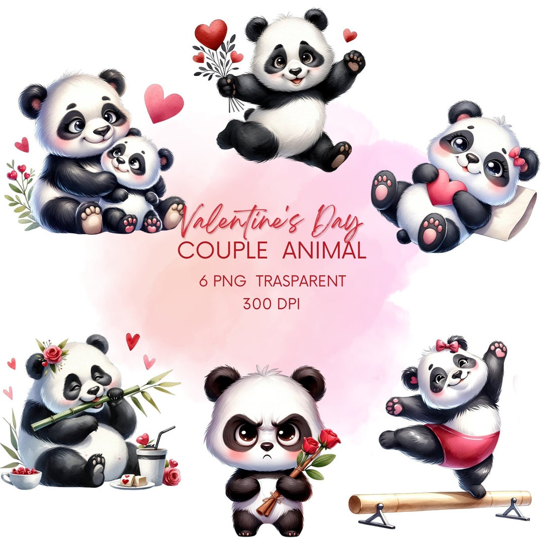 Watercolor Valentines Cute Panda Clipart PNG Bundle, Animals Clipart ...