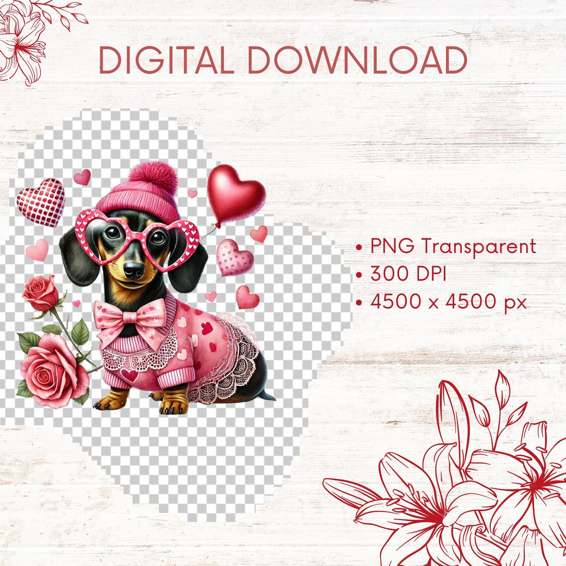 Valentine Dachshund Dog PNG, Sausage Dog Png, Wiener Dog Png, Valentine ...