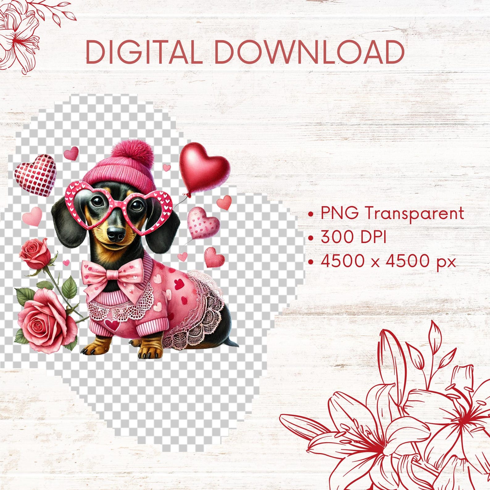 Valentine Dachshund Dog PNG, Sausage Dog Png, Wiener Dog Png, Valentine ...